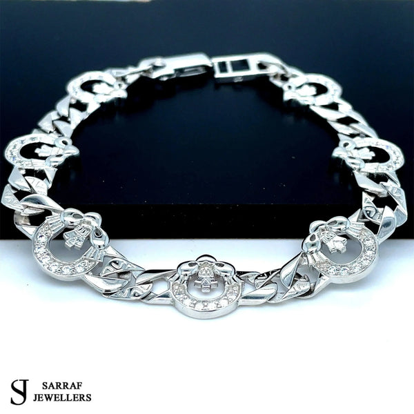 Silver Flat Claddagh Link CZ Design Bracelet | Sarraf Jewellers UK